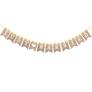 Just Married Burlap Banner, Wedding Bunting Banner with LED Fairy String Light 8 Flicker Mode, Hanging Sign Garland Pennant Photo Booth Props for Bridal Shower Wedding Engagement Car Party Decoration