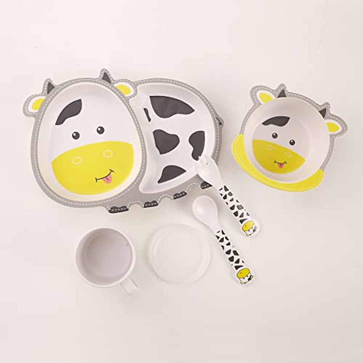 Fekdod Kids Dinnerware Set Bamboo 5 Pcs with Plate Bowl Cup Fork Spoon (Cow)