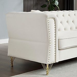 Sybrioka Loveseat Sofa Modern Velvet Couch for Living Room Chesterfield Style with Luxury Gold Metal Legs Button Tufted Nailhead Pillows (Beige, 2 Seater)