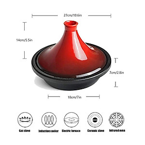 MYYINGBIN 1.7Liter Tagine Pot with Enameled Cast Iron Base and Cone-Shaped Lid Anti-Hot Silicone Gloves, Suitable for 1-4 People, Red