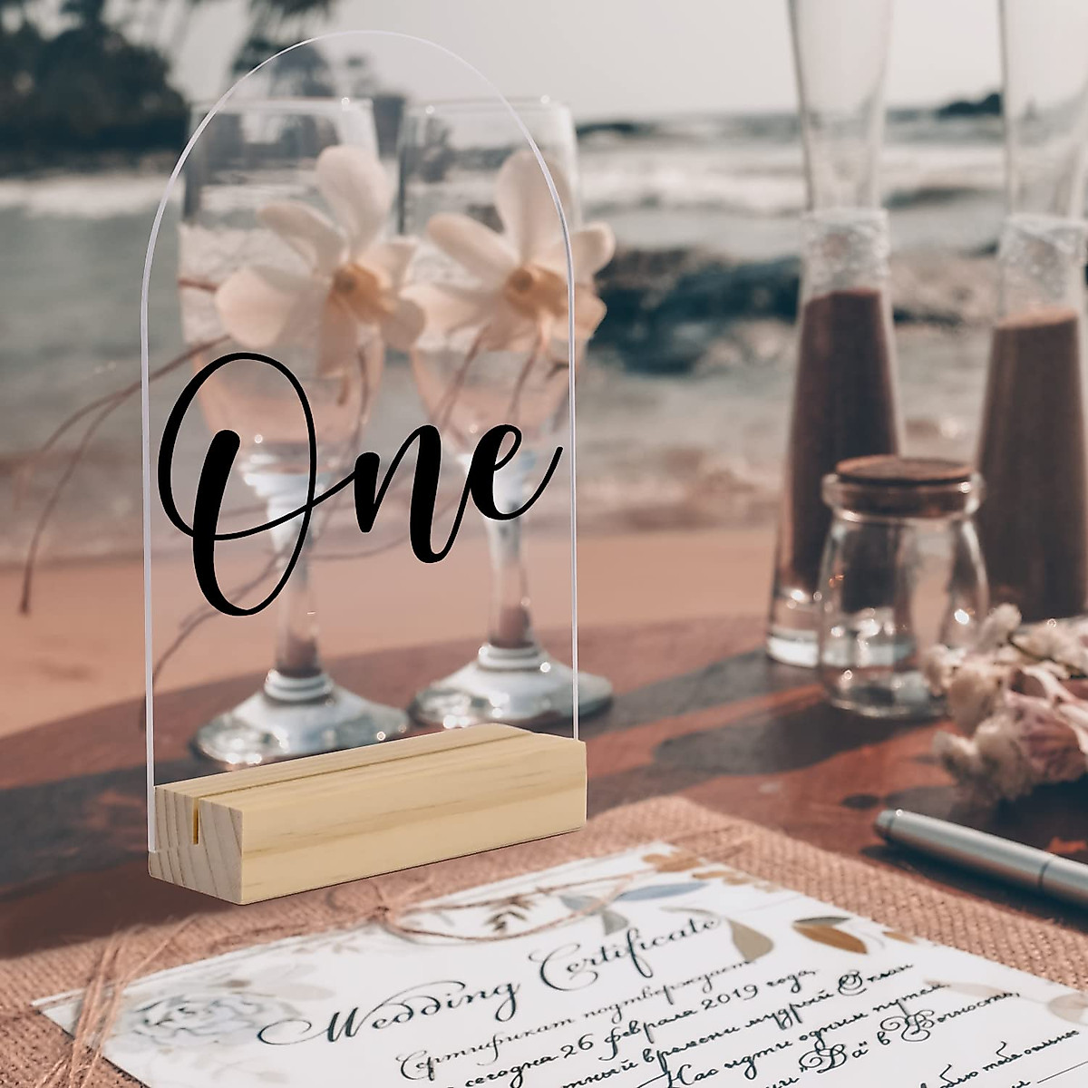 JINMURY Clear Arch Acrylic Sign with Wood Stand-10 Pack 5x7 Inch Blank Arched Acrylic Sheets with Wood Base, DIY Acrylic Arch Sign Blank for Wedding Table Numbers Menu Signs Bar List Sign