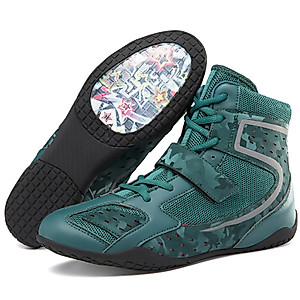 DWZRG Mens Womens Wrestling Boxing Shoes Non-Slip Breathable High Top Boxing Wrestling Training Shoes (7.5 M US Women/5.5 M US Men, Green)