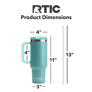 RTIC 40 oz Road Trip Tumbler Double-Walled Insulated Stainless Steel Portable Travel Coffee Mug Cup with Lid, Handle and Straw, Ceramic-Lined, Lagoon