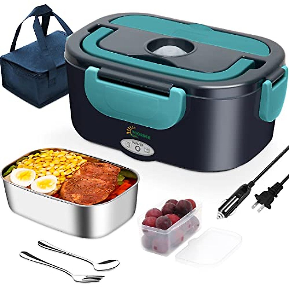 Yoorbee Electric Lunch Box Food Heater, 60W Heated Lunch Boxes for Adults,Durable 3-In-1 Portable Food Warmer for Car& Home/Office,Leak-proof,with Fork&Spoon,Carry Bag