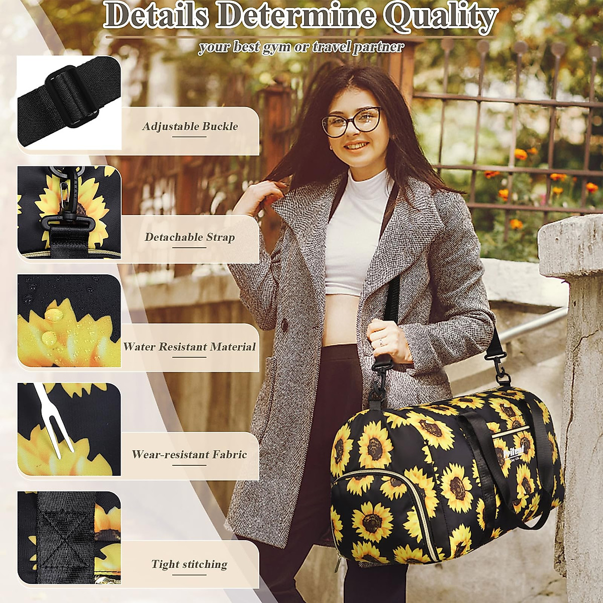 Pritent Gym Bag for Women with Shoe Compartment, Sport Gym Tote Bags Waterproof Travel Duffle Carry on Weekender Overnight Bag for Hospital Yoga Beach Maternity Mommy 20inch Sunflower