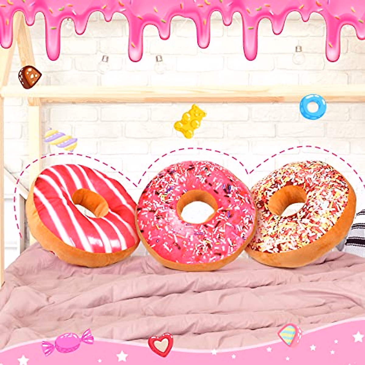 3 Pieces Donut Round Throw Pillow 16 Inch Pink Donut 3D Digital Print Pillow Cute Doughnut Shaped Funny Pillows Soft Plush Food Stuffed Decor Comfortable Cushion for Floor Chair Couch