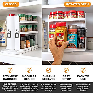 Cabinet Caddy SNAP! (White | Pull & Rotate Spice Rack Organizer| 3 Snap-In Shelves Adjust for 5 Levels of Storage | Magnetic Modular Design | Non-Skid Base | 8.9”H x 6.1”W x 10.8”D