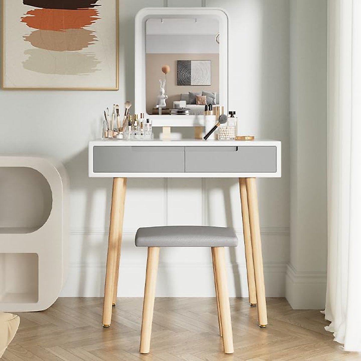 YOURLITE Vanity Table Set with 3 Modes Adjustable Brightness Mirror and Cushioned Stool, Dressing Table Vanity Makeup Table with Free Make-up Organizer
