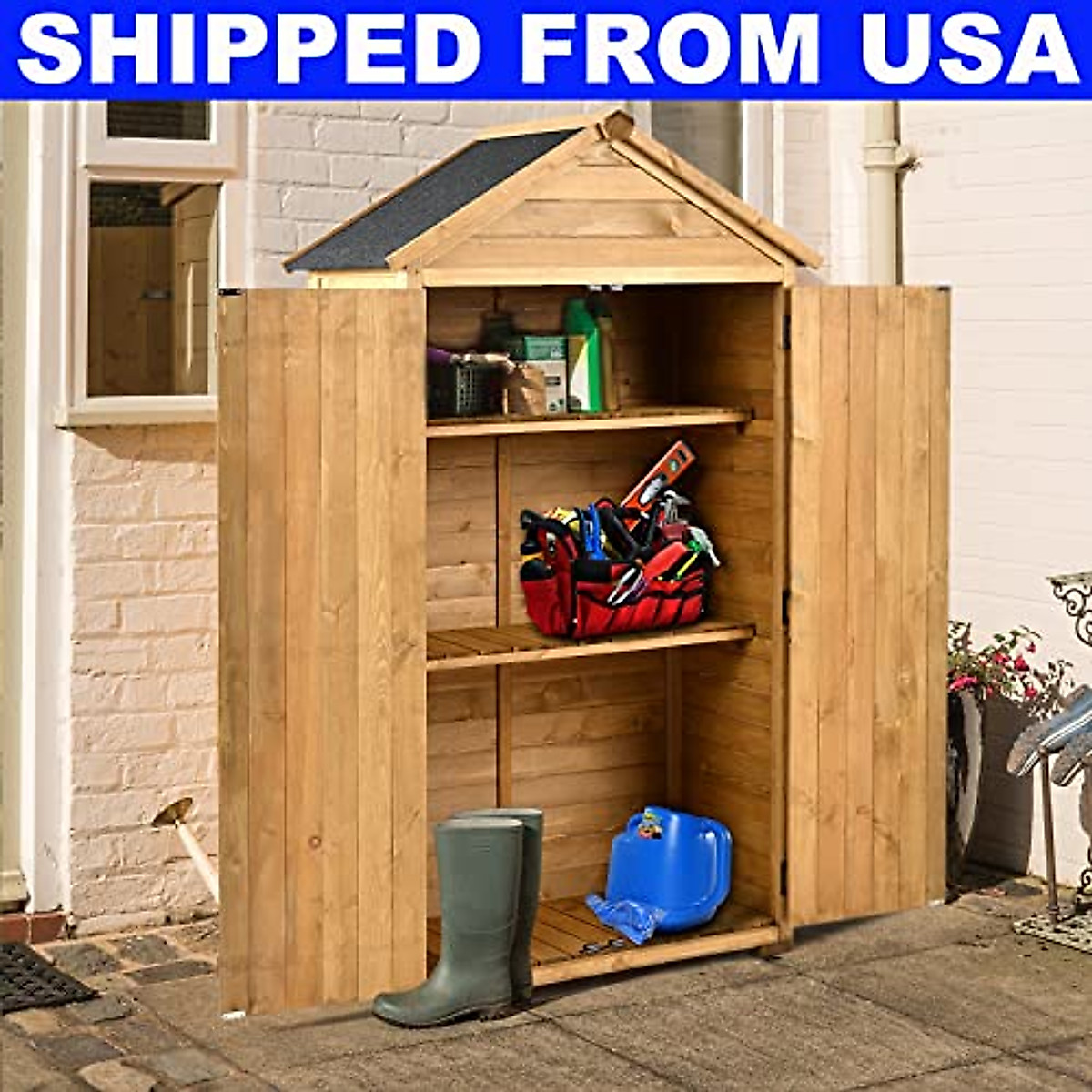 DANGRUUT Upgraded Version Thicken Solid Wood Outside Storage Sheds, Garden Wooden Arrow Shed, Fir Wood Tool Lockers with Waterproof Asphalt Roof, Workstation, 3-Tier Shelves for Backyard (Natural)