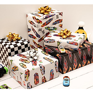 ZINTBIAL Race Car Wrapping Paper for Kids Birthday - Flames, Checkered Flags, Colorful Racing Cars and Happy Birthday Words Designs - 20 x 29 Inches, 8 Folded Sheets, Easy to Store…