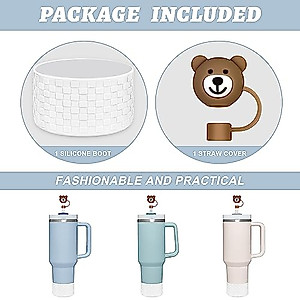 UBEEKOO Tumbler Cup Boot and Straw Covers Cap, Compatible with Stanley Tumbler 30/40oz, Including 1 Protective Silicone Boot and 1 Straw Toppers,Brown Bear 10mm