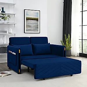 Xozor 54" Modern Convertible Sofa Bed - Adjustable Pull Out Couch Bed Sleeper Sofa,Velvet Loveseat with 2 Pillows and Side Pockets for Living Room, Office Or Bedroom, (Blue)
