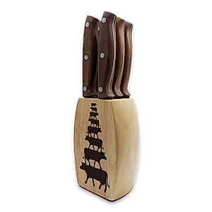 IDEAL ERA Funny Cattle Pattern Farmhouse Kitchen Decor For Steak Knives 5 Inch Utility 6 Piece Slot Durable 100% Natural Oak Wood, Gift Family Friends, Birthday gifts 3.7*2.4*5inch,Light Brown DXA10