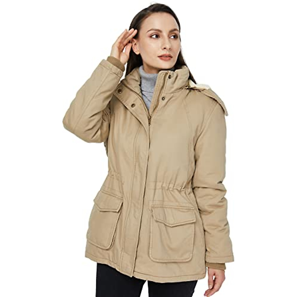 WenVen Women's Warm Heavy Quilted Winter Sherpa Coat with Hood (Khaki-2, XL)