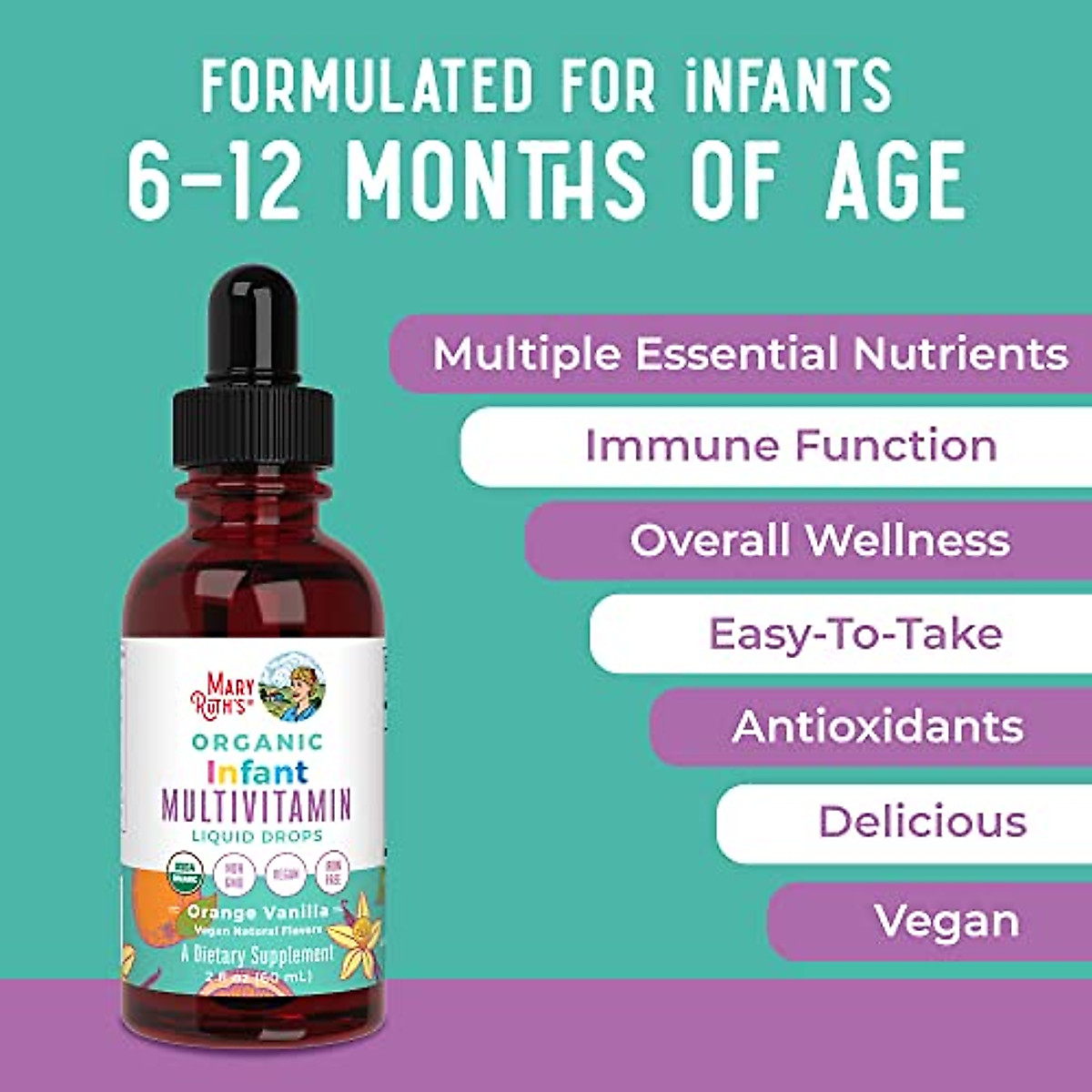 Multivitamin & Multimineral for Infants by MaryRuth's | USDA Organic | Sugar Free | Liquid Vitamins for Babies 6-12 Months | Immune Support & Overall Wellness | Vegan | Non-GMO | 2 Fl Oz