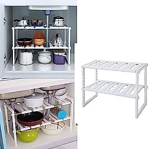2-Tier Under Sink Organizers Storage Rack Extendable Kitchen Cabinet Shelf Organizer Rack Under Sink Shelf White;Length extendable from 15"to26"