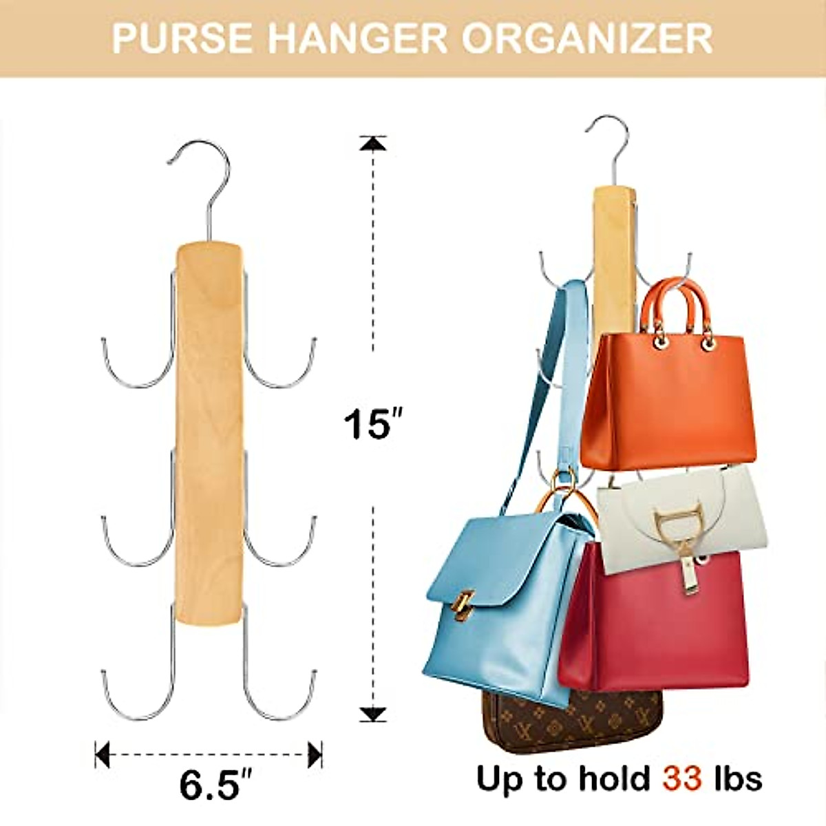 Volnamal Purse Hanger Organizer for Closet, Wood Handbag Storage Holder Metal Hanging Space Saving Hook, Closet Organizers and Storage Scarves, Ties, Shawls, Backpacks, Belts