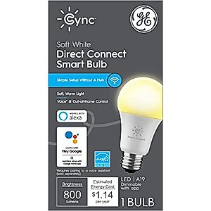 GE Lighting CYNC Smart LED Light Bulb, Soft White, Bluetooth and Wi-Fi Enabled, Alexa and Google Assistant Compatible (1 Pack), Packaging May Vary