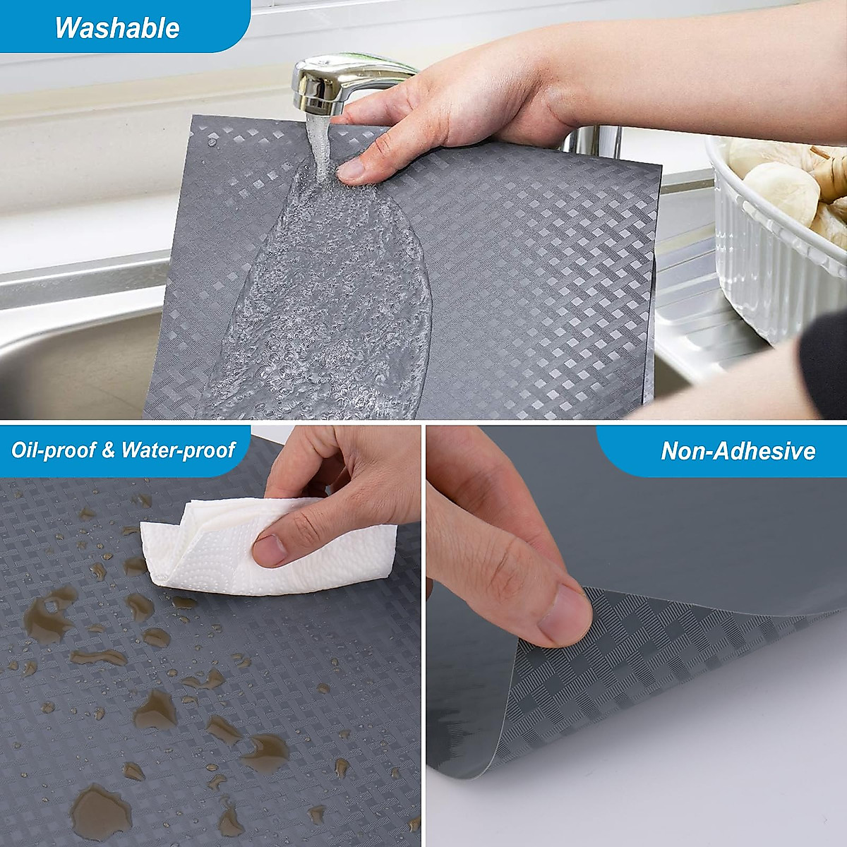 TOROTON Shelf Liners for Kitchen Cabinets, 12Inch x 20ft Non Adhesive Drawer Liners, Non-Slip Oilproof Waterproof Plastic Liners for Pantry, Cupboard,Shelves, Refrigerator, Grey