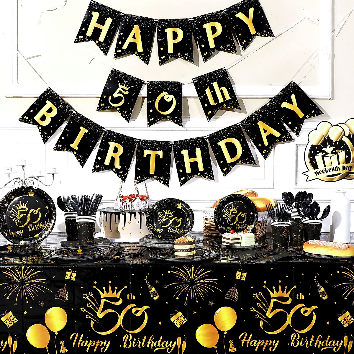 TaoBary 170 Pieces 50th Birthday Party Supplies Disposable Dinnerware Set with Plates Napkins Cups Banner 50th Birthday Tablecloth Black and Gold Party Decoration for Men and Women, Serves 24