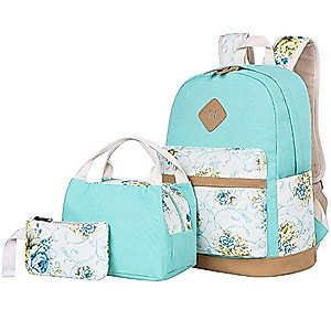 Bluboon Canvas School Backpack Set 3 Pieces Lightweight Teen Girls Bookbags Insulated Lunch Bag Pencil Case (Water Green-flower)