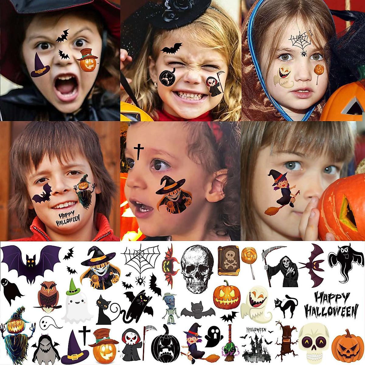 Yezunir 88+ Styles 18 Sheets 3D Halloween Temporary Tattoos For Kids Realistic Spider Web Bat Witch Pumpkin Fake Scars Tattoos Sticker Zombie Halloween Makeup Kit Women Men Adults Face Stitches Wound