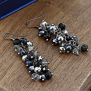 Gem Stone King 2 Inch Black and Silver Cluster Faceted Crystal Dangle Hook Earrings For Women