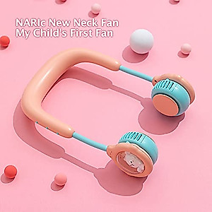 NARIc 2021 New Portable Neck Band Fan For Kids, Comportable & Light Hand Free Leafless For Sports Outdoor, Cute Character Design, Powerful Dual Wind Head with 4,800mAh Battery(Pink)