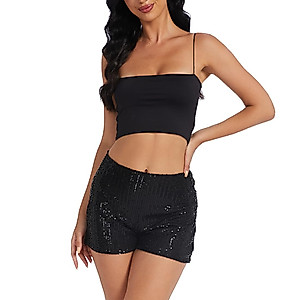 Sequin Shorts for Women High Waist Elastic Sparkly Straight Leg Short Glitter Sparkle Hot Pants Solid Party Black S