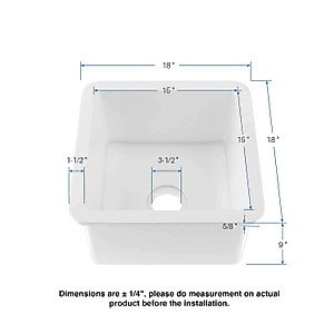 KIBI K2-S18SQ Single Bowl Heat Safe Glazing Fireclay Undermount Kitchen Sink 18 inch with Bottom Grid and Strainer (Cubic series) (White)