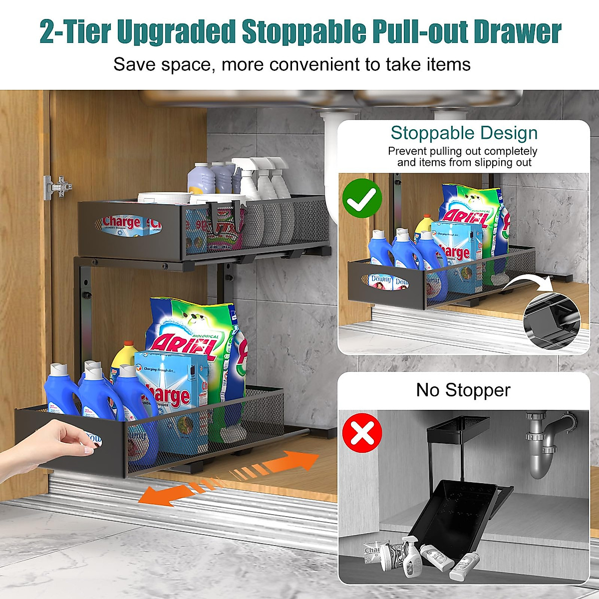 Housolution 2 Pack Under Sink Organizer, 2 Tier Metal Pull Out Under Sink Storage with Sliding Mesh Drawers, Height Adjustable Slide Out Under Sink Organizer for Kitchen Bathroom Cabinet, Black