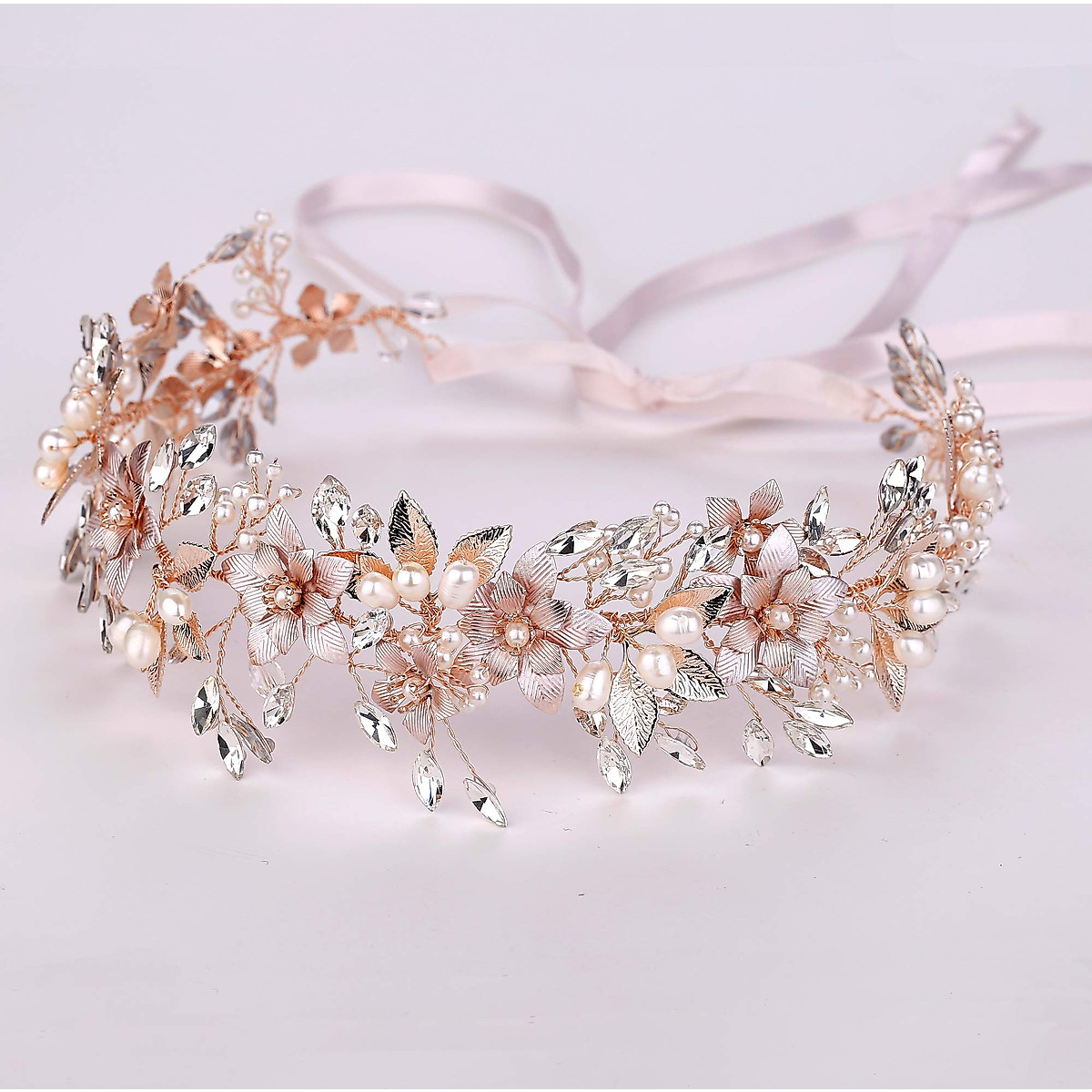 Oriamour Wedding Headband Bridal Headpiece Flower Design With Genuine Freshwater Pearls And Ribbons Hair Accessories For Bride (Rose Gold)