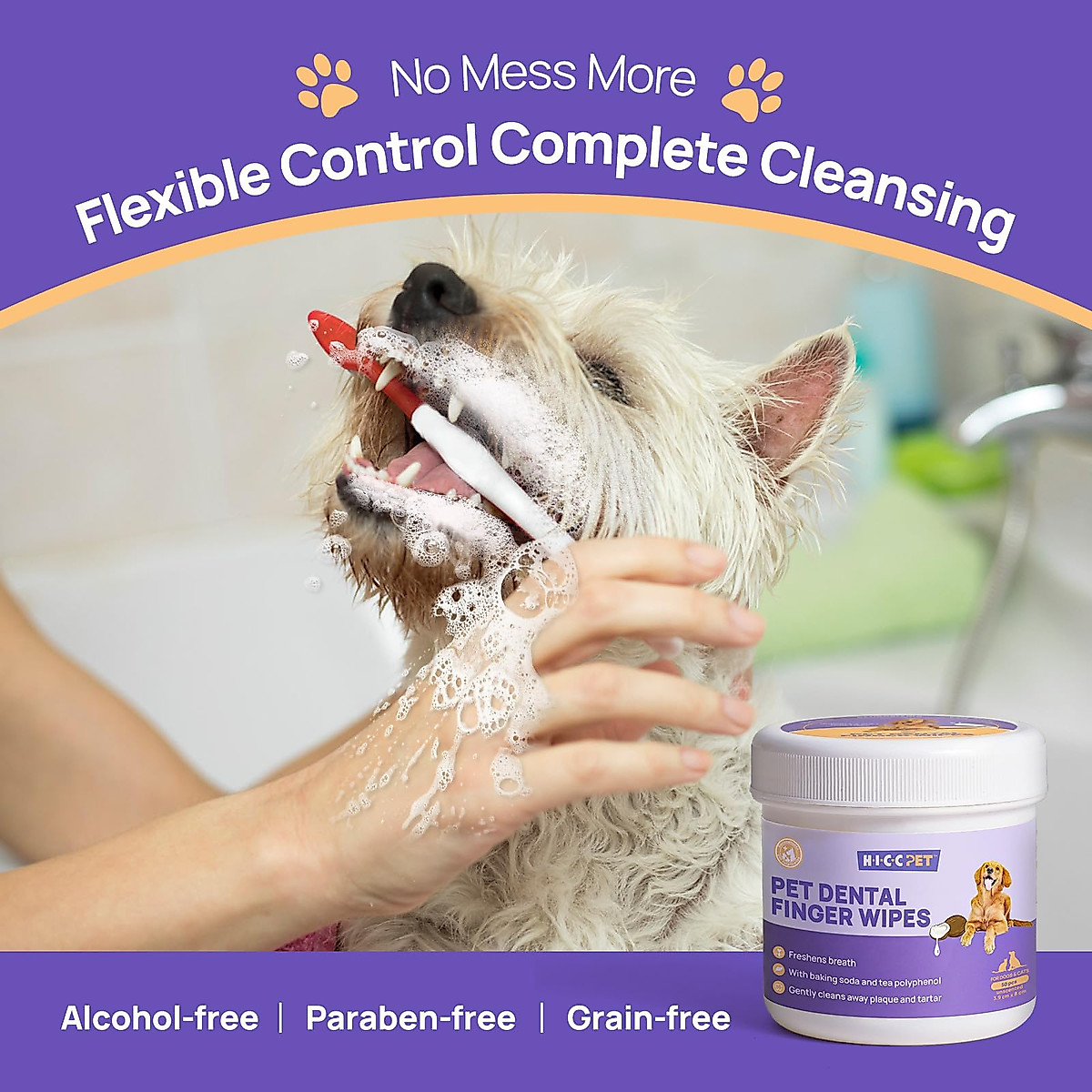 HICC PET Teeth Cleaning Wipes for Dogs & Cats, Remove Bad Breath by Removing Plaque and Tartar Buildup, Disposable Dog Finger Toothbrush Gentle Pet Dental Care Wipes, 50 Counts, (Mint Scent)