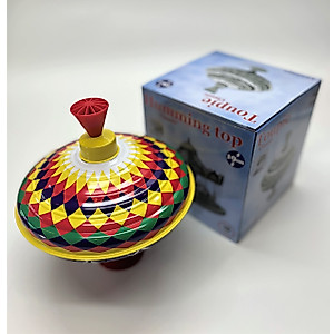 Classic Multicolour Spinning Tin Top Toy from KsmToys by Bolz. The Funny Buzzing Hum Gets Louder As The Top Spins Faster, 7.5" x 7.5" x 7.5" Ages 18 m+