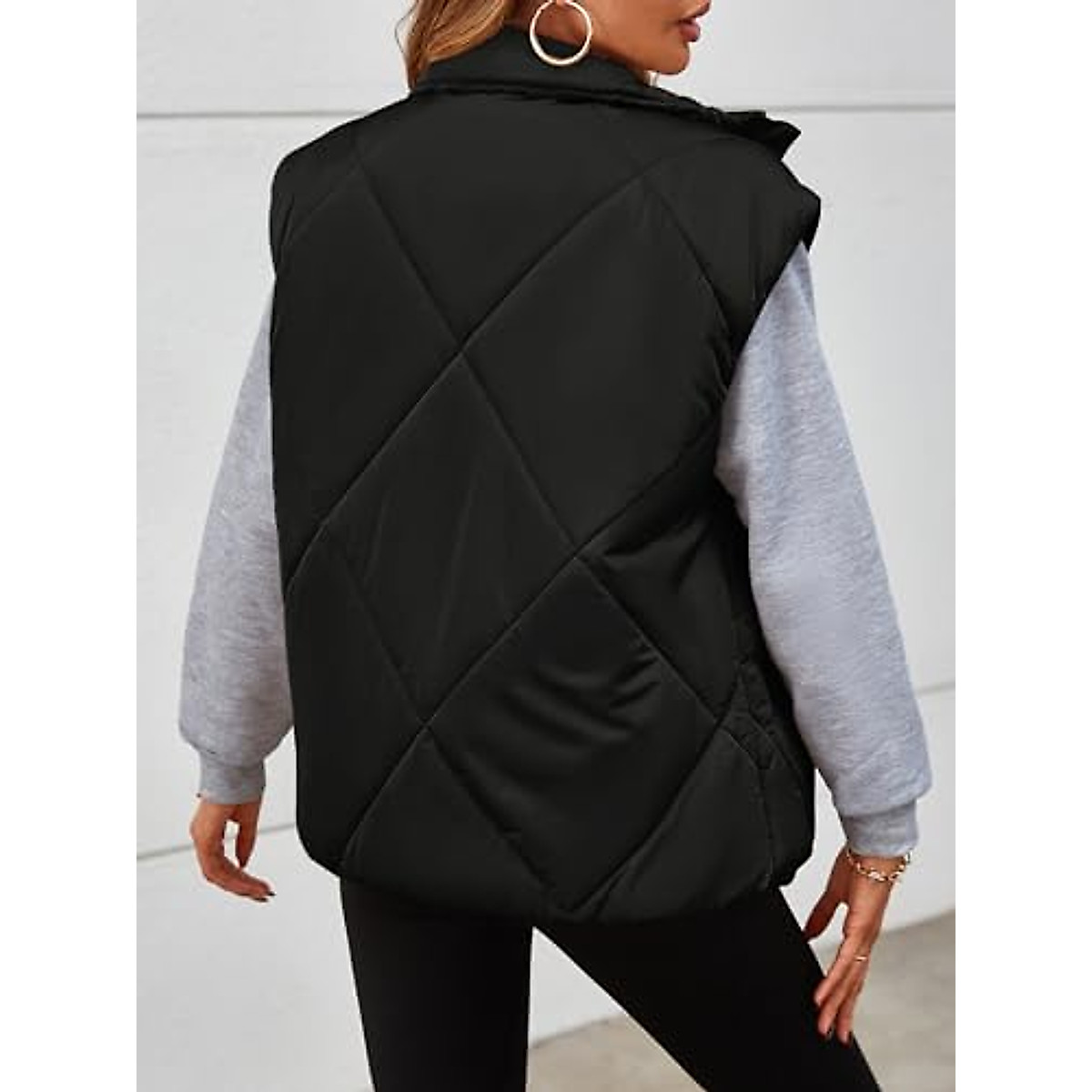 MEROKEETY Puffer Vest for Women Lightweight Fall Snap Button Quilted Jacket Coat with Pockets,Black,XL