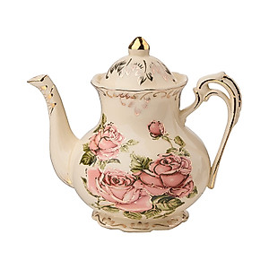 YOLIFE Floral Teapots, 29 oz (3 Cup) Ivory Vintage Ceramic Pink Rose Teapot with Gold Leaves Edge, Gifts for Women