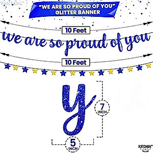 Glitter, We Are So Proud of You Banner - 10 Feet, No DIY | We Are So Proud of You Graduation Banner with Star Garland | Blue and Gold Graduation Decorations 2023 | Graduation Party Decorations 2023