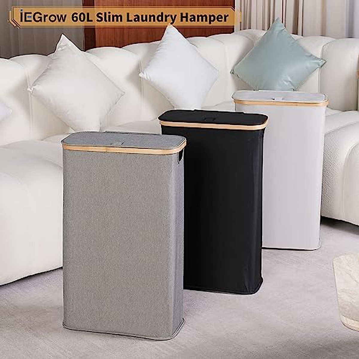 iEGrow 60L Slim Laundry Hamper With Lid, Foldable Clothes Basket with Bamboo Handles and Removable Inner Bag, Light Grey
