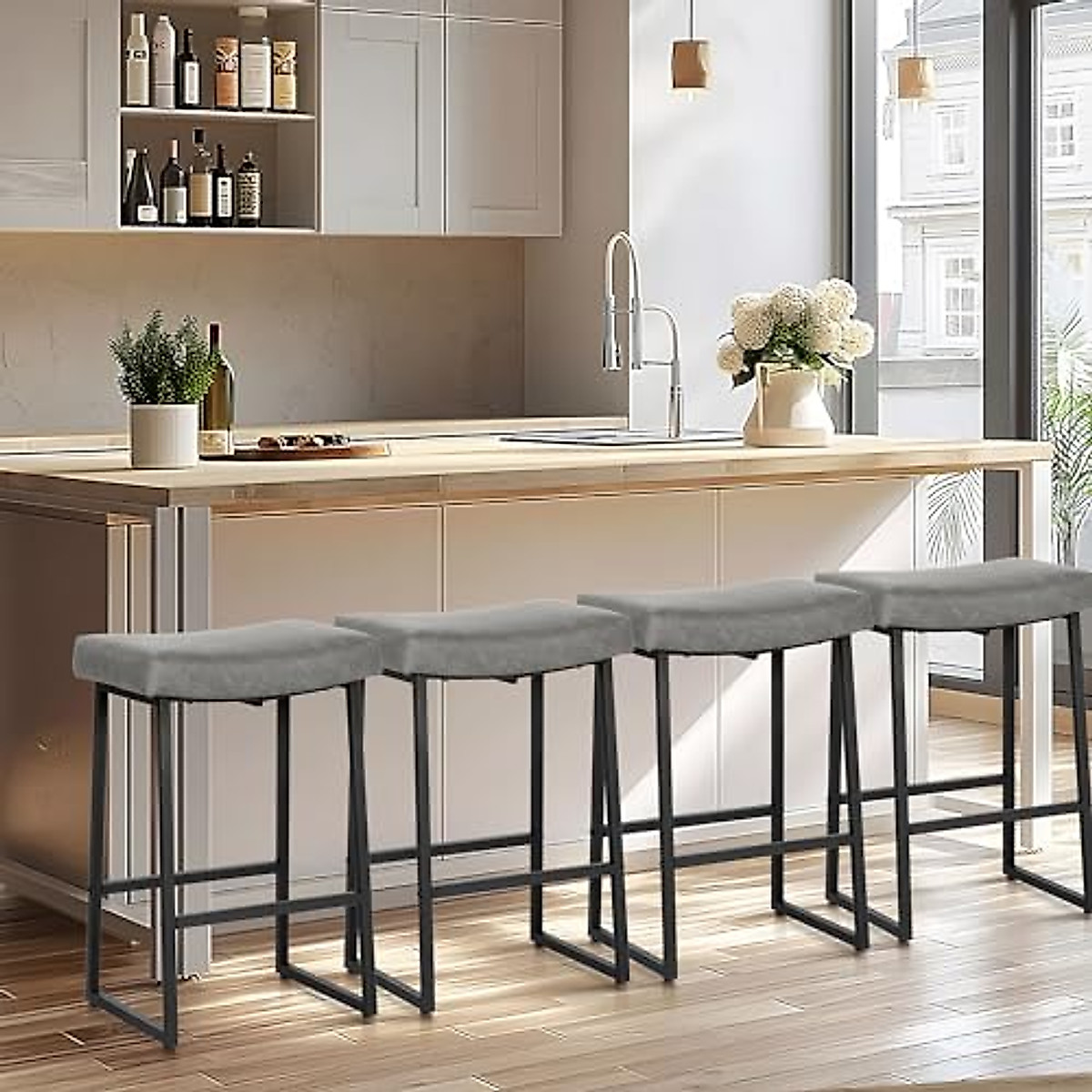 ALPHA HOME Bar Stools Backless Saddle Seat Barstools Modern PU Leather Cushion Counter Height Chairs Set of 2 for Kitchen Island, Dining Pub and Bistro, 24 Inches, Grey, 2PCS