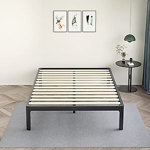 MAF 14 Inch Queen Platform Bed Frames with Wooden Slats, Black 3500 Lbs Heavy Duty Metal Bed Frame with Anti-Collision Round Legs, No Box Spring Needed, Easy Assembly