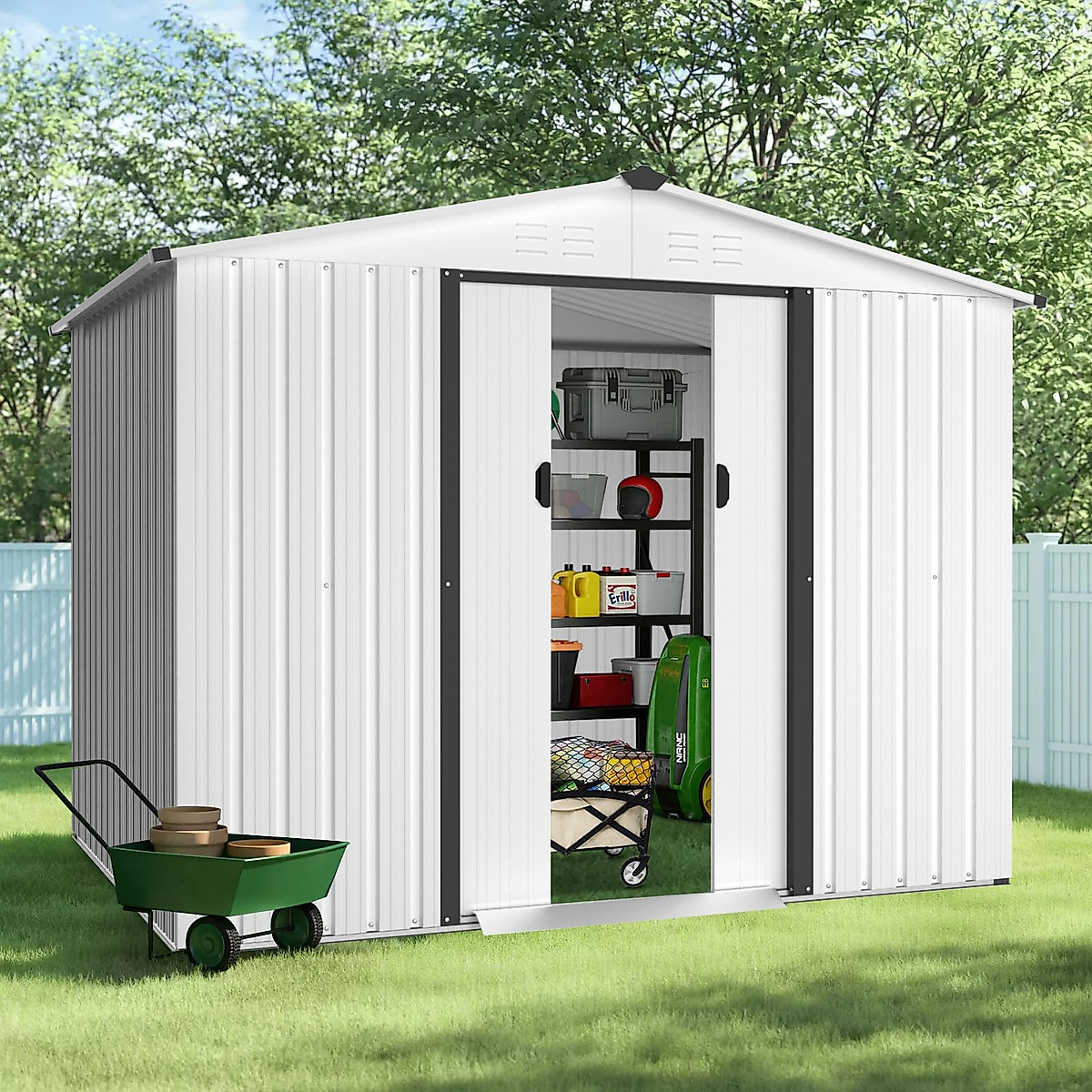 Crownland Outdoor 6 x 8 Feet Storage Shed Backyard Garden Vented Tool House with Sliding Door Outdoor Lawn Steel Roof Sheds (Cool White)