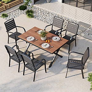 Patiorama Aluminum Outdoor Dining Chairs Set of 4, Stackable Outdoor Patio Chairs Set of 4, All-Weather Bistro Chair with Armrest, Faux Wood Outdoor Dining Chairs for Indoor Yard Garden-Black