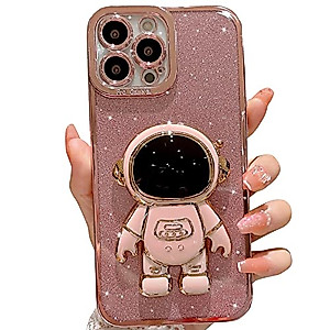MGQILING Compatible for iPhone 12 Pro Max 6.7 Inch Bling Plating Astronaut Hidden Stand Case, Cute 6D Stand Glitter Phone Case for Women Girls Soft TPU Shockproof Back Cover - Pink