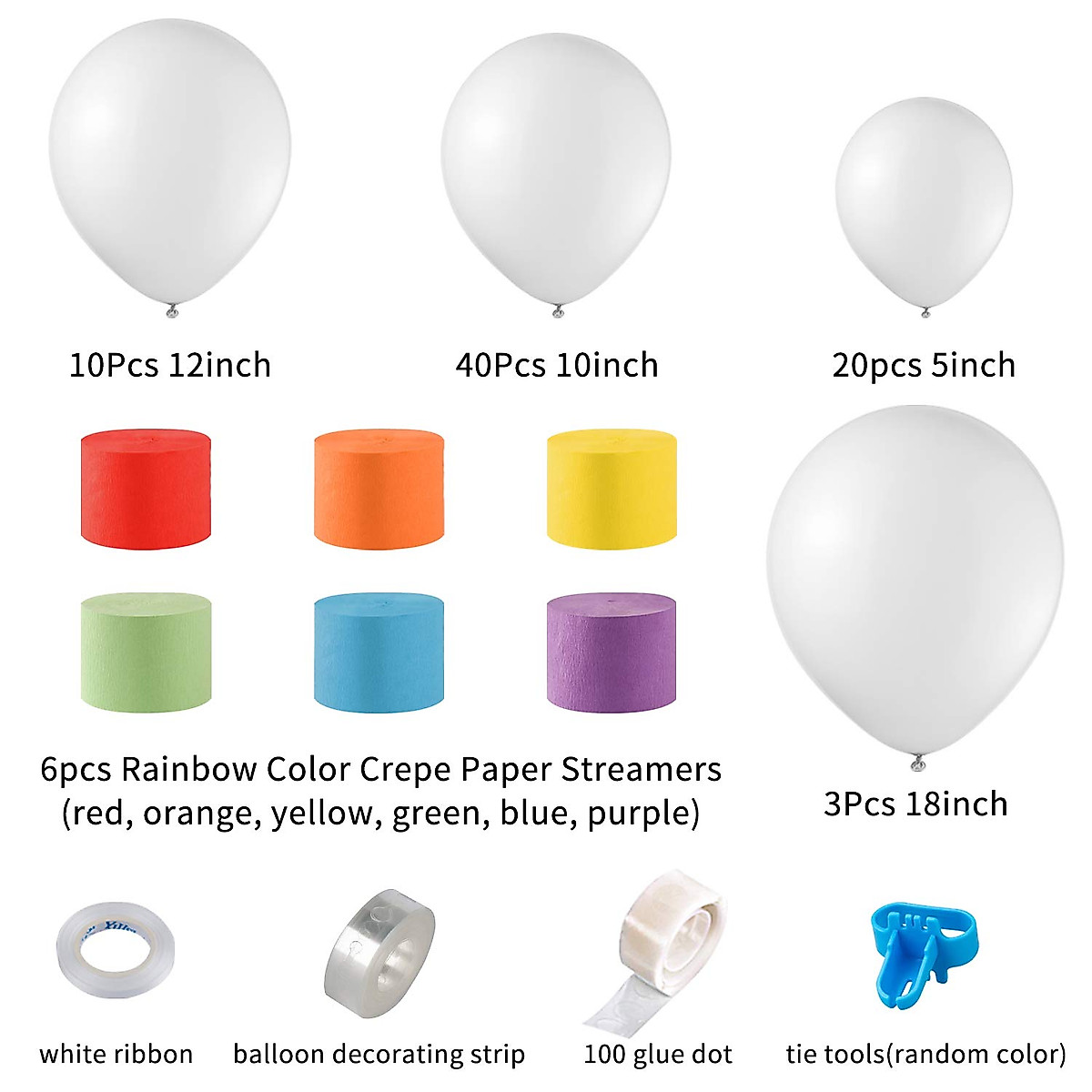 JOYYPOP Rainbow Party Decorations with White Balloon Garland and Rainbow Crepe Paper Streamers for Rainbow Baby Shower Rainbow Birthday Party