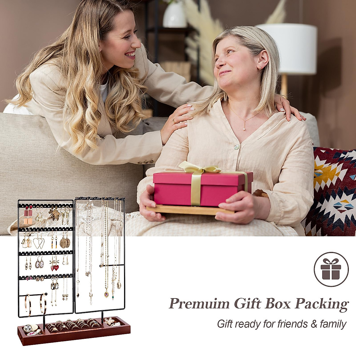 ProCase Jewelry Organizer Stand Earring Holder, 144 Holes Stud Earring Display Rack Necklace Holder Storage Tower with Removable Wooden Ring Tray for Earrings Necklaces Bracelets Rings Watches -Black