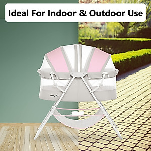 Karley Baby Bassinet in Grey and Pink, Lightweight Portable, Quick Fold and Easy to Carry , Adjustable Double Canopy, Indoor and Outdoor with Large Storage Basket.