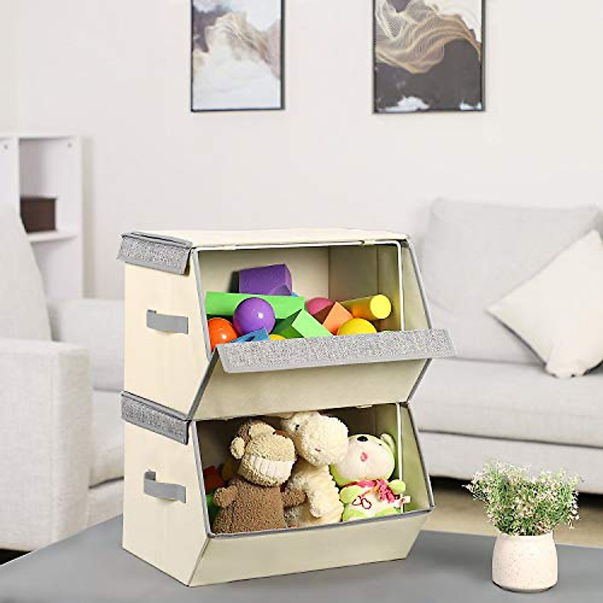 SONGMICS Stackable Storage Bins, Fabric Storage Boxes with Lids, Stackable Storage Cubes with Magnetic Closures, a Semi-Open Front, Lid Can Stay Open after Stacked up, Set of 2, Gray URLB02GE