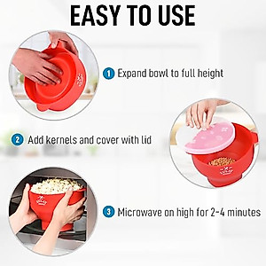Zulay Kitchen Large Microwave Popcorn Maker - BPA-Free Silicone Popcorn Popper - Microwave Collapsible Bowl With Lid - Family Size Microwave Popcorn Bowl - 15 Popcorn Cup Capacity (Red)