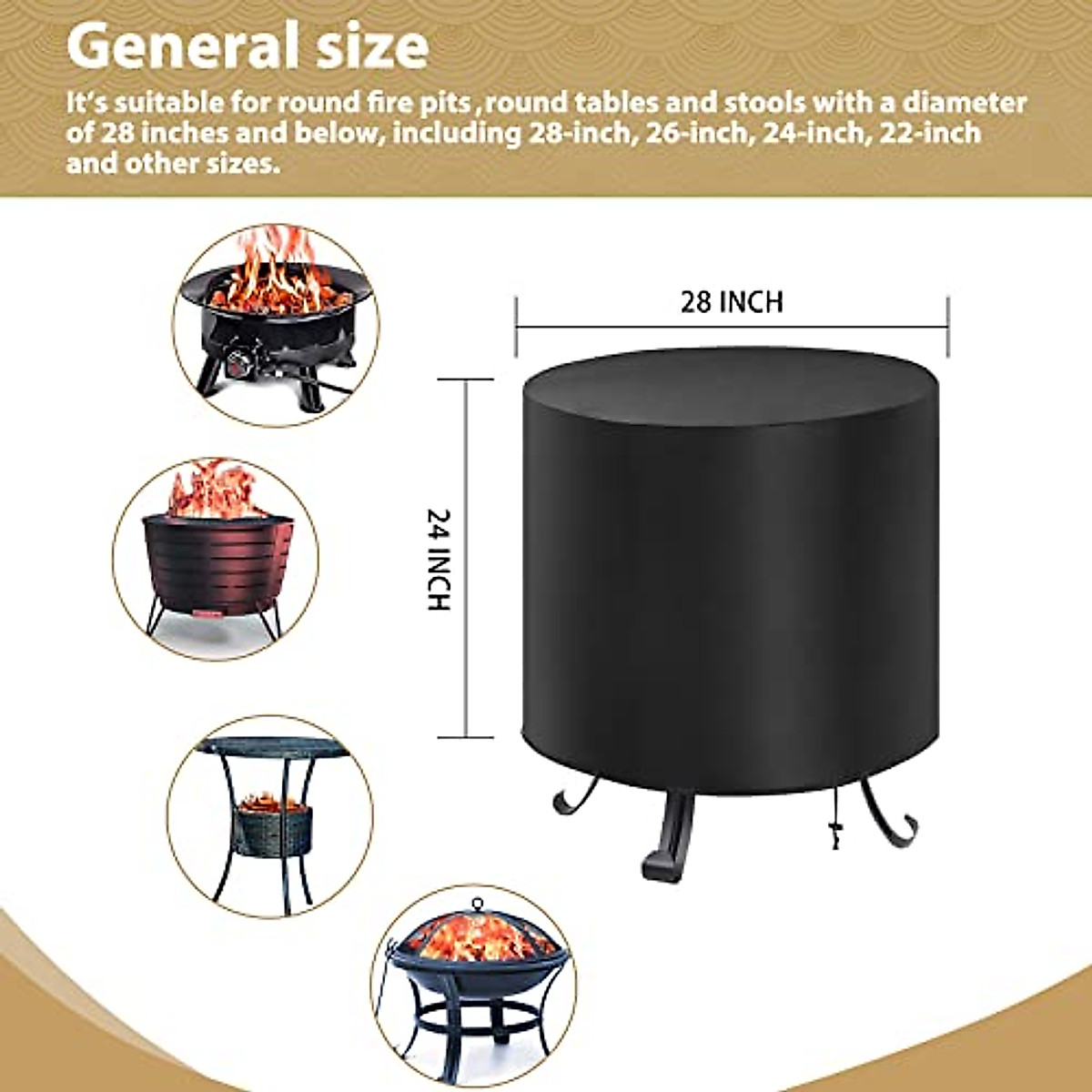 Fire Pit Cover Round, Charcoal Grill Cover, LIOLISLY Grill Covers Heavy Duty Waterproof 28 Inch 420D Polyester with PVC Coating Color Black