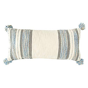 Creative Co-Op Blue, Grey & Cream Striped Cotton Blend Lumbar Tassels Pillows, 1 Count (Pack of 1)
